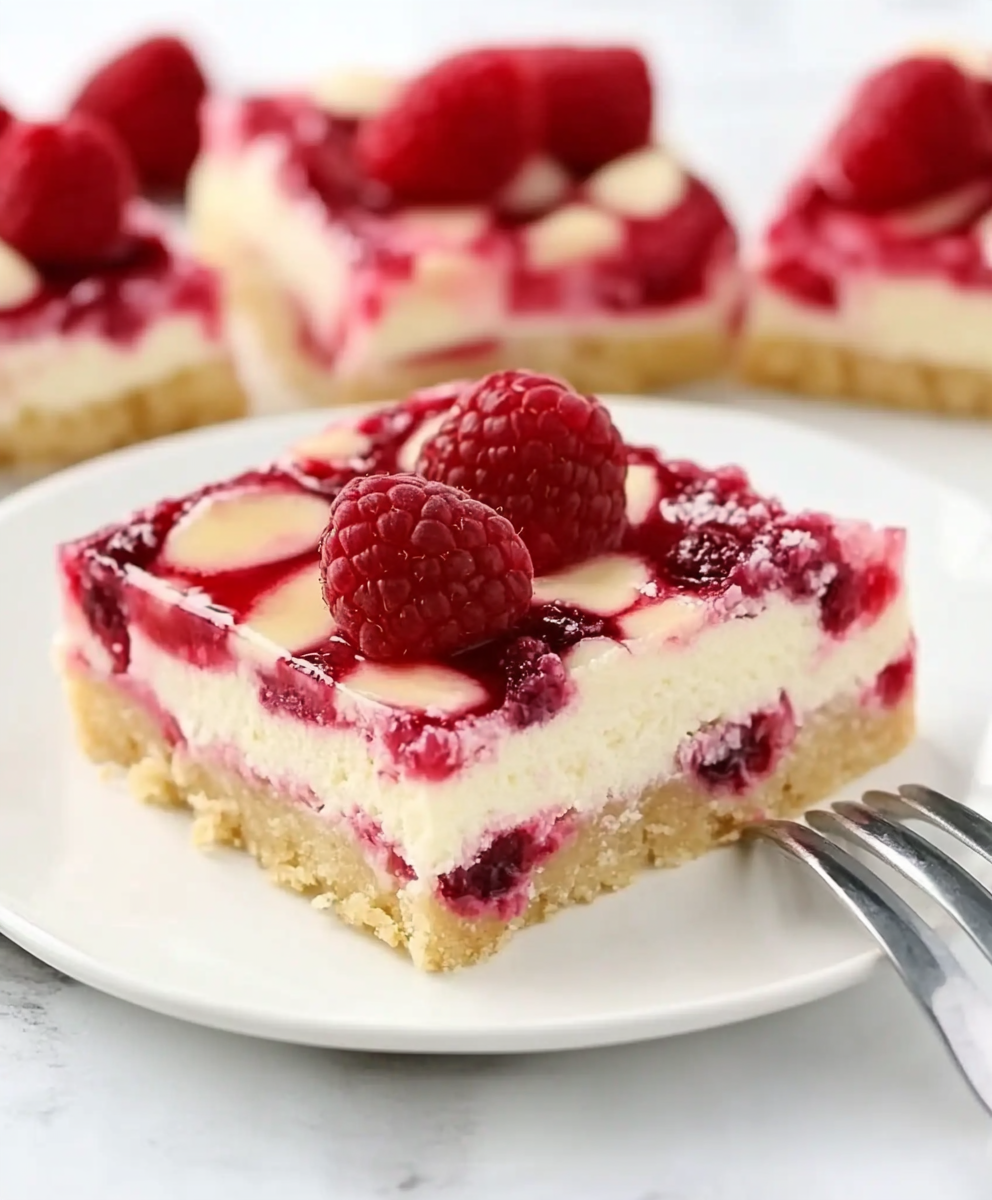 Raspberry White Chocolate Cheesecake Squares Recipe - easyrecipefeed.com