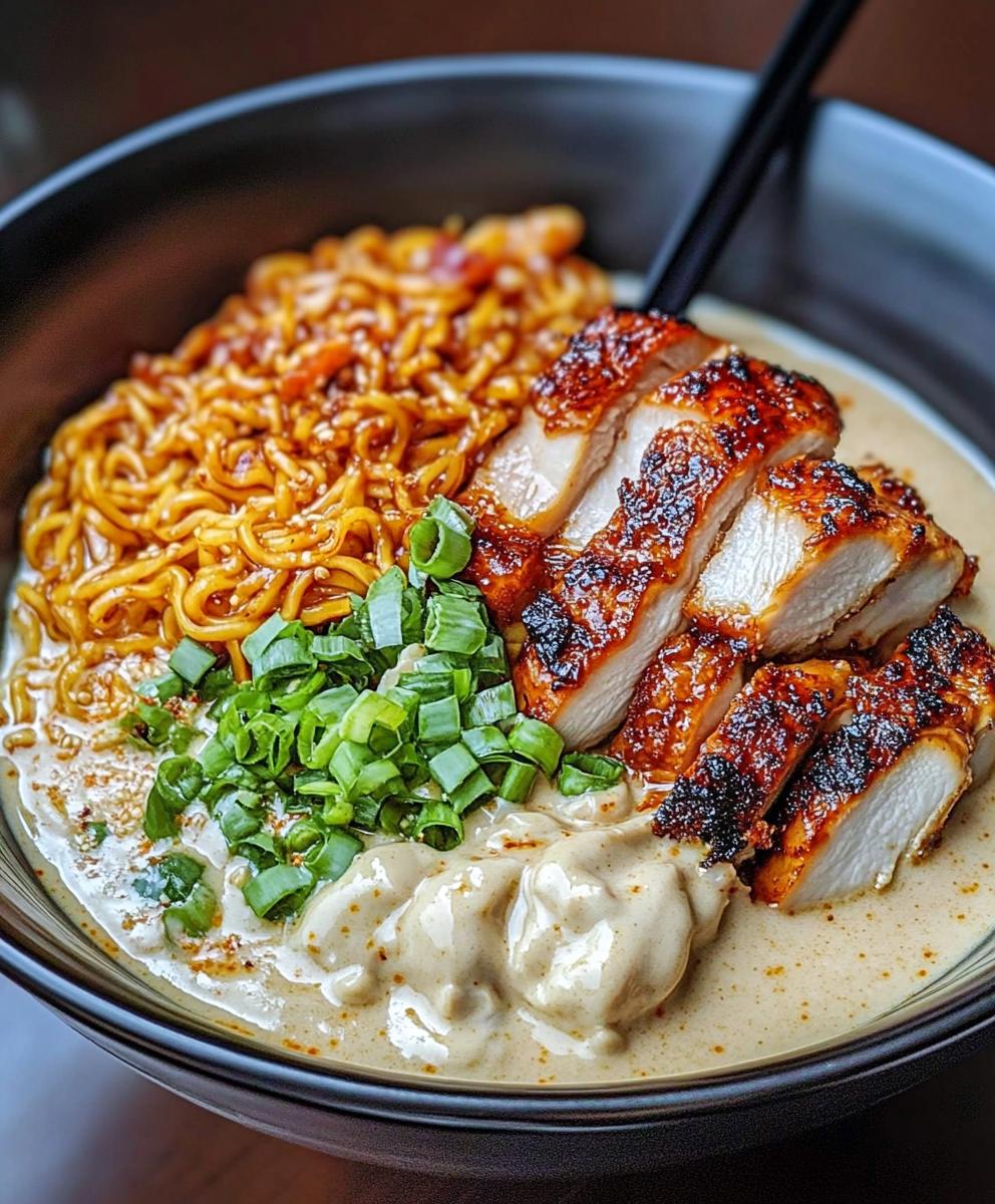 Fiery Chicken Ramen With Creamy Garlic Sauce Recipe - easyrecipefeed.com