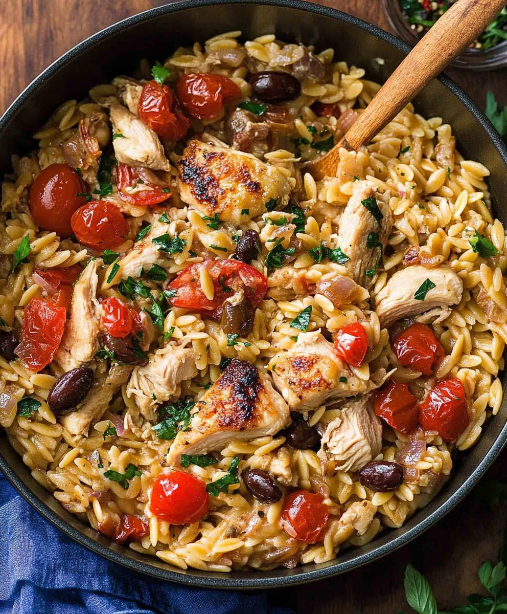 One Pot Mediterranean-style Chicken Orzo Recipe - easyrecipefeed.com